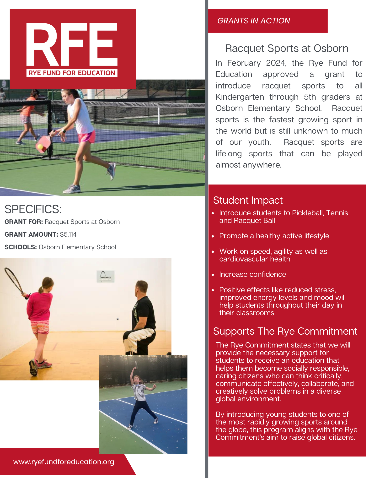 Pilot Program for Racquet Sports- $5114 (February 2024) - Rye Fund for ...